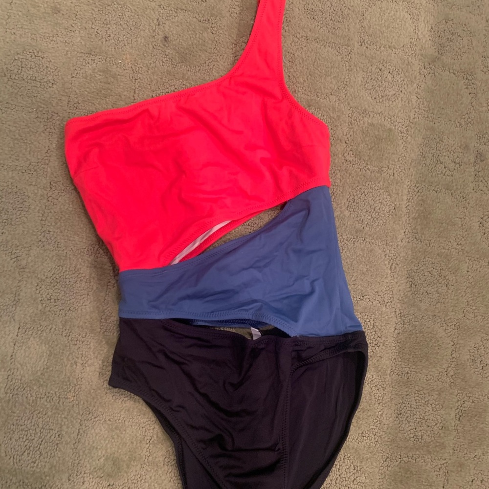 Solid And Striped Asymmetrical One Piece Swimsuit - Gem